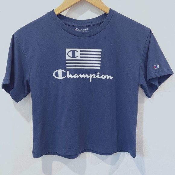 Champion | Tops | Champion Navy Blue Flag Crop Tshirt Size L | Poshmark